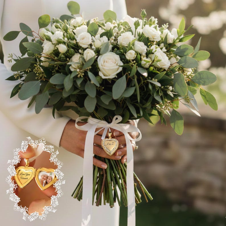 Bridal Bouquet Charms – Custom Birth Flower Engraved Heart Locket With ...
