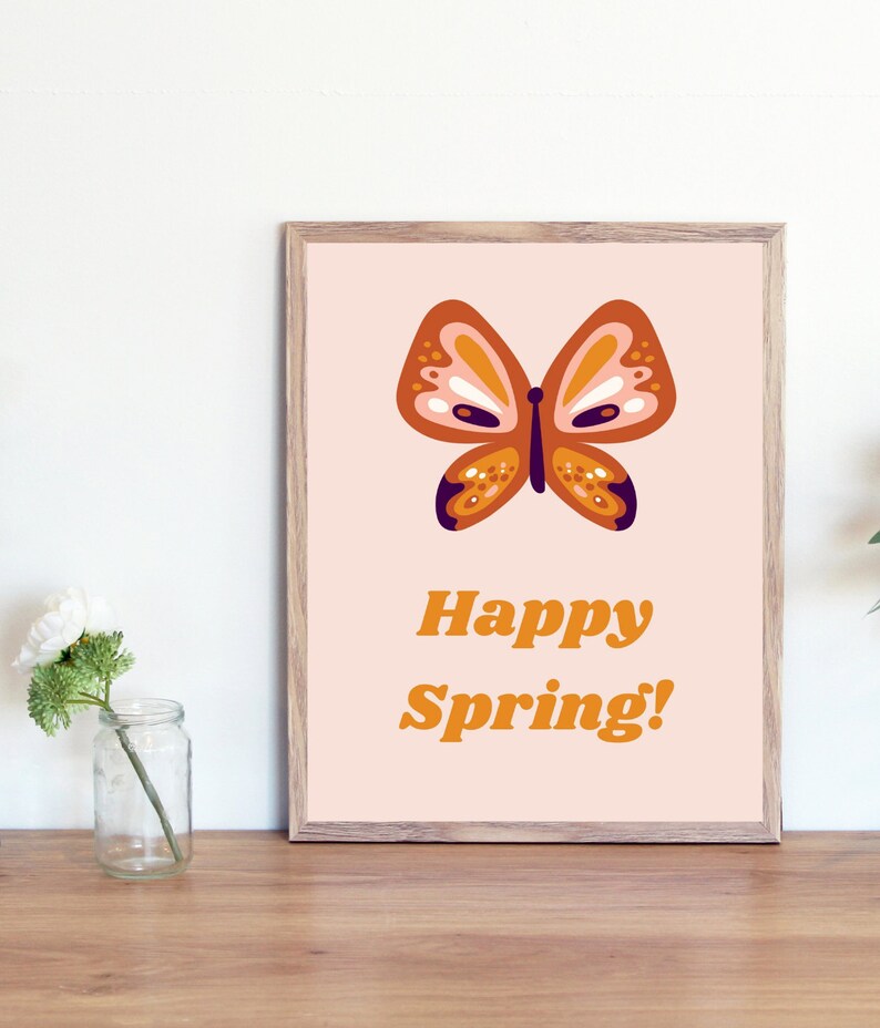 Happy Spring Print / Butterfly Print / Retro Style Decor / Spring Decor ...