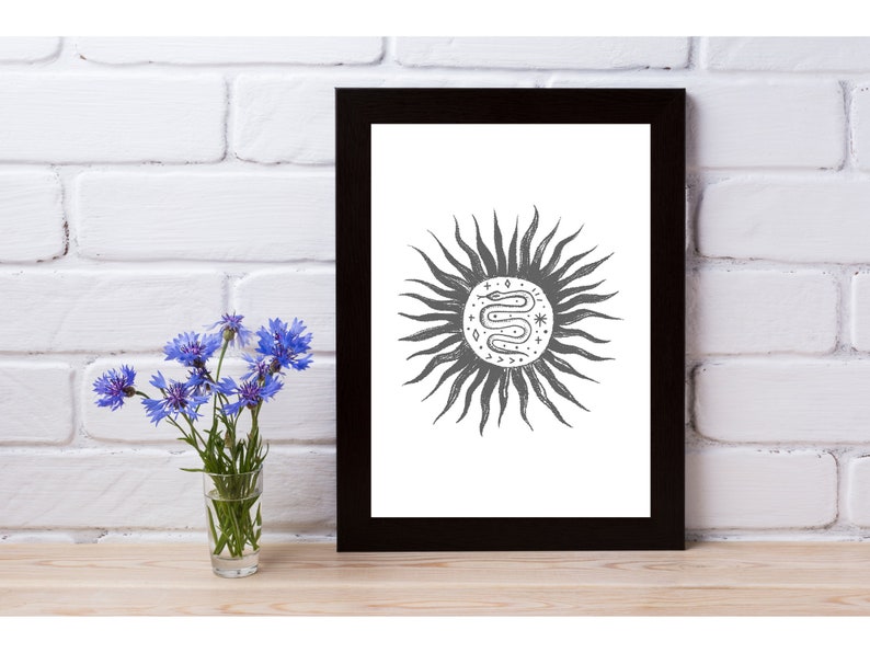 Snake Sun Print / Sun Illustration / Snake Art Print / Sun Print / Boho ...