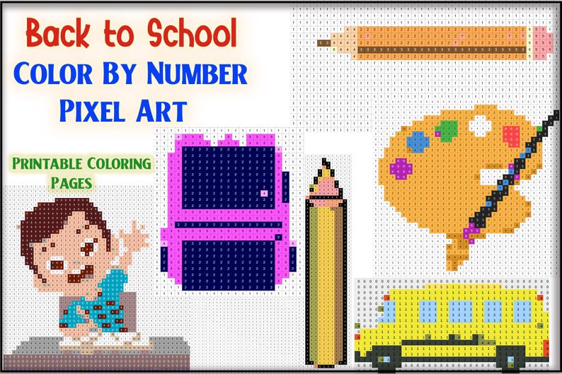 Back to School Pixel Art Color by Numbers: Printable Coloring Pages for ...