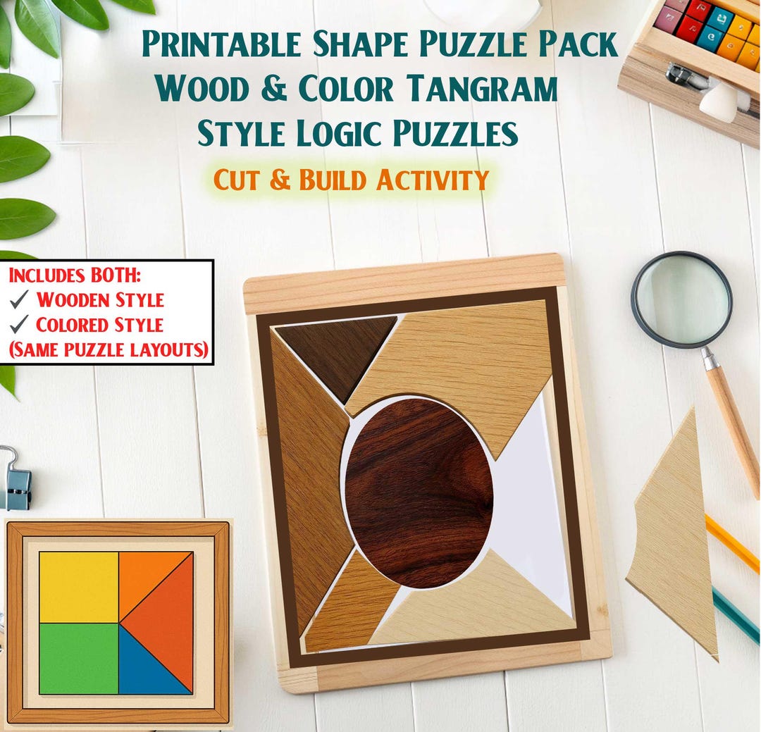 Printable Shape Puzzle Pack | Wood - Color Tangram-style Logic Puzzles ...