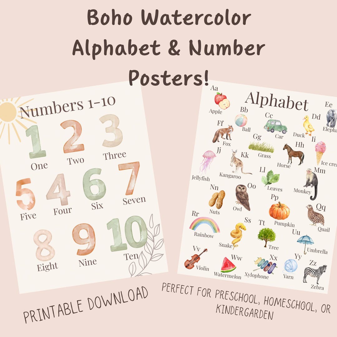 Boho Watercolor Alphabet & Numbers Poster, Classroom Wall Art ...