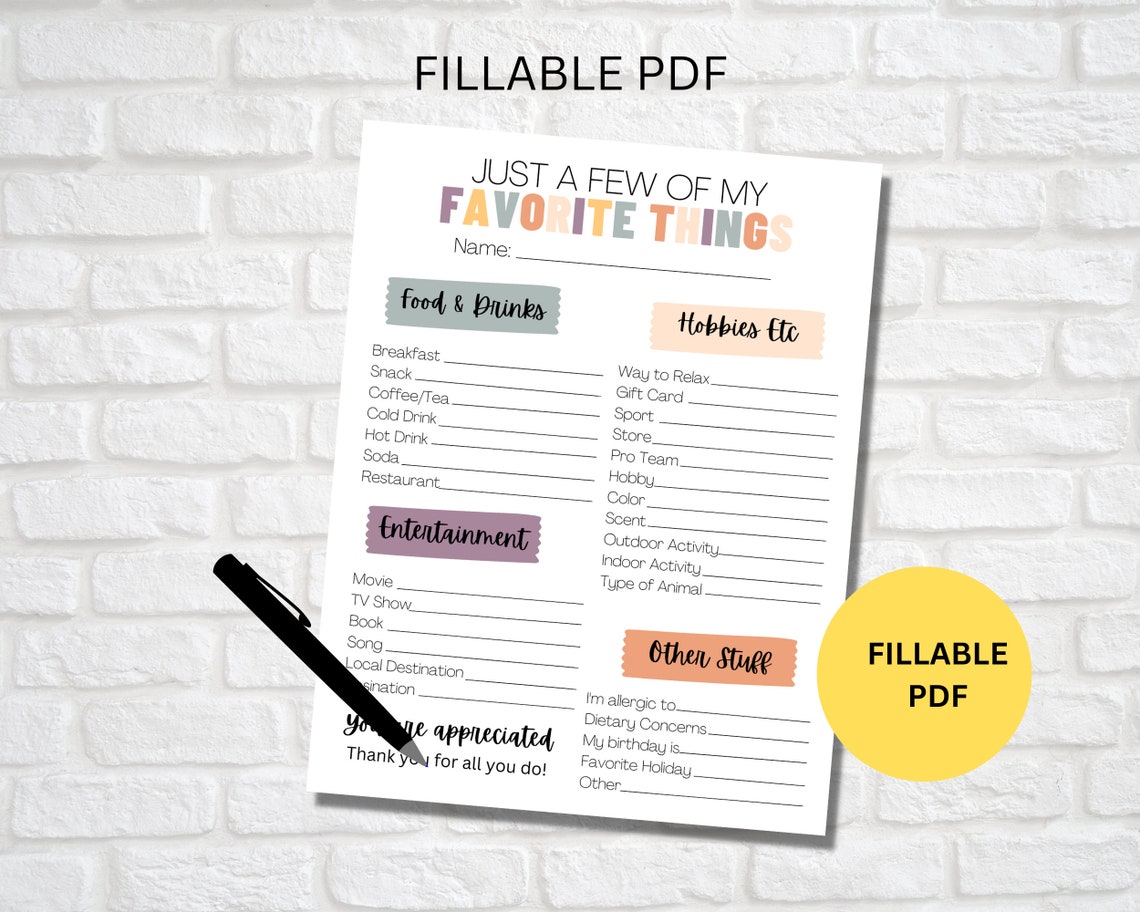 Favorites Survey, Printable, Questionnaire, My Favorite Things, Get to ...