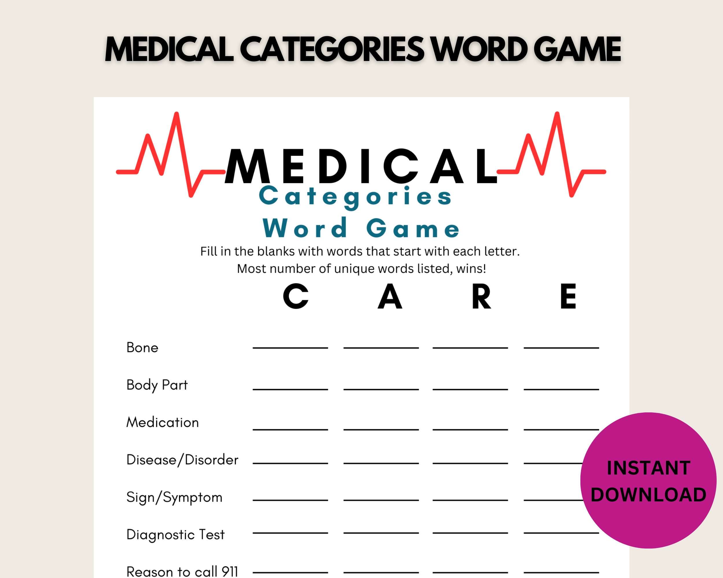 Medical Categories Word Game | PRINTABLE Medical Game | Doctor Nurse ...