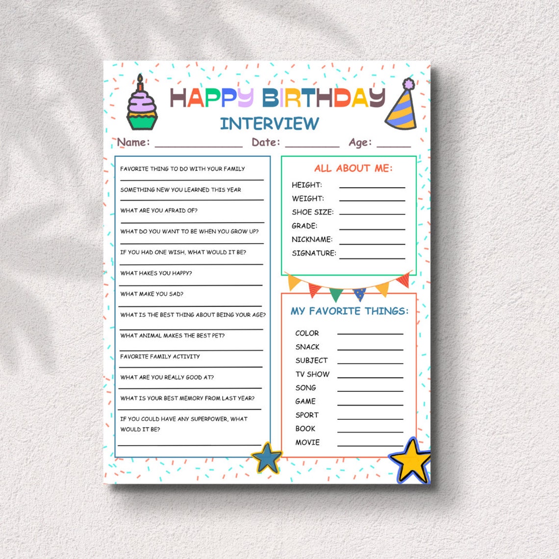 Printable Kids Birthday Interview | School Activity | Annual Interview ...