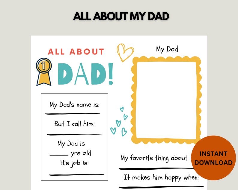 All About My Dad Survey Printable Fathers Day Questionnaire Fathers