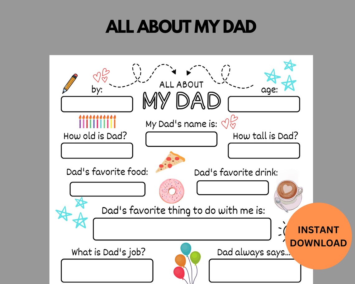All About My Dad Survey Printable, Father's Day Questionnaire, Fathers ...
