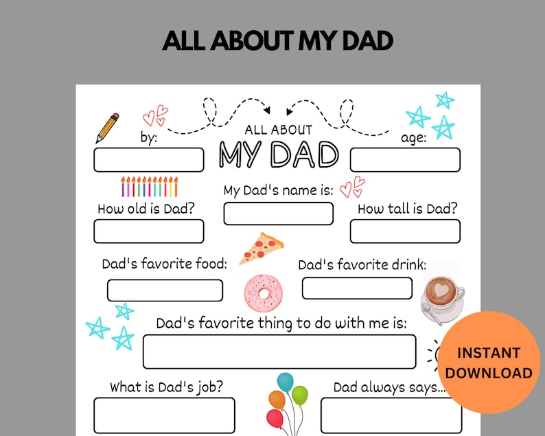 All About My Dad Survey Printable, Father's Day Questionnaire, Fathers ...