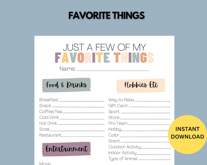 Favorites Survey, Printable, Questionnaire, My Favorite Things, Get to ...