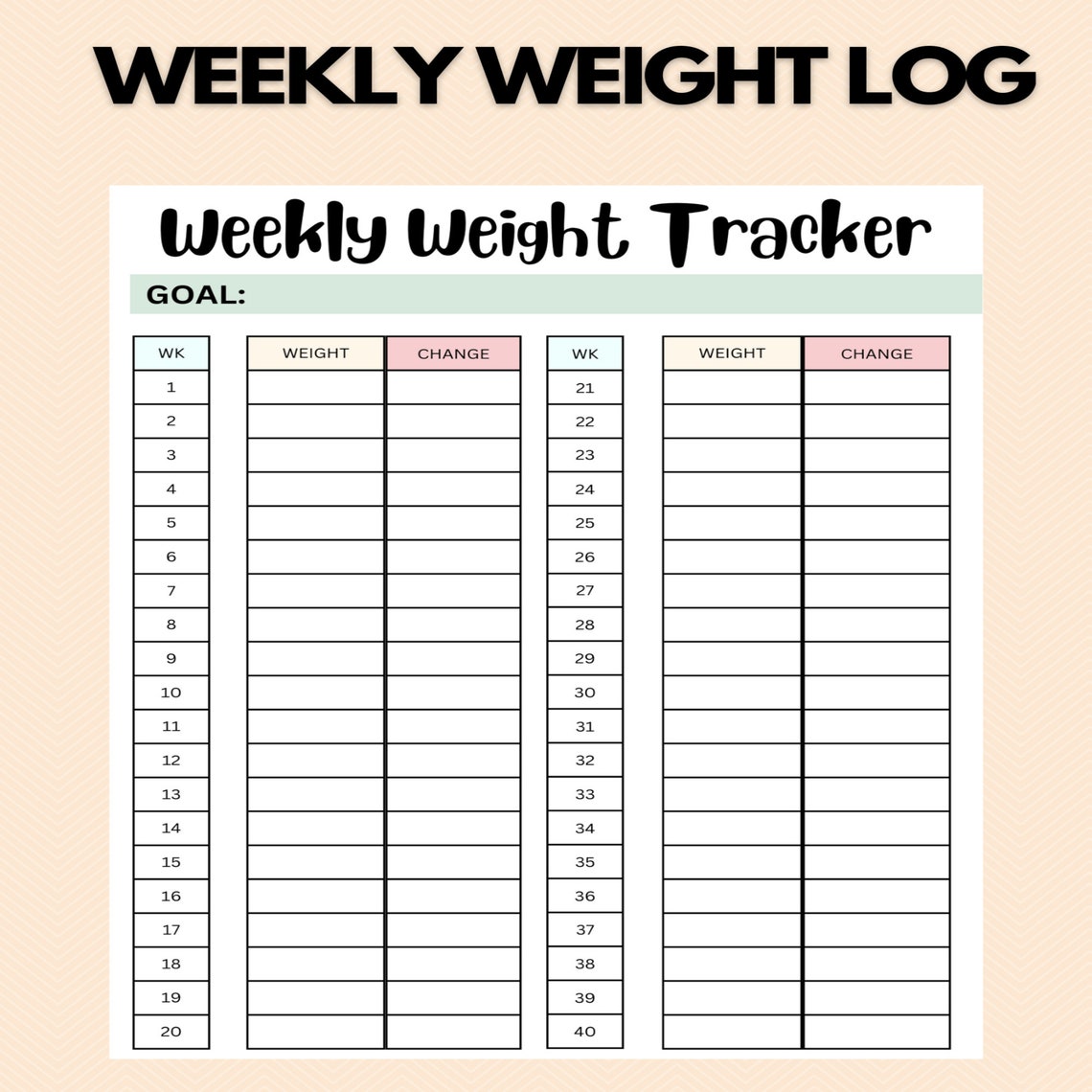 Weekly Weight Tracker 40 Week Weight Loss Weight Loss - Etsy