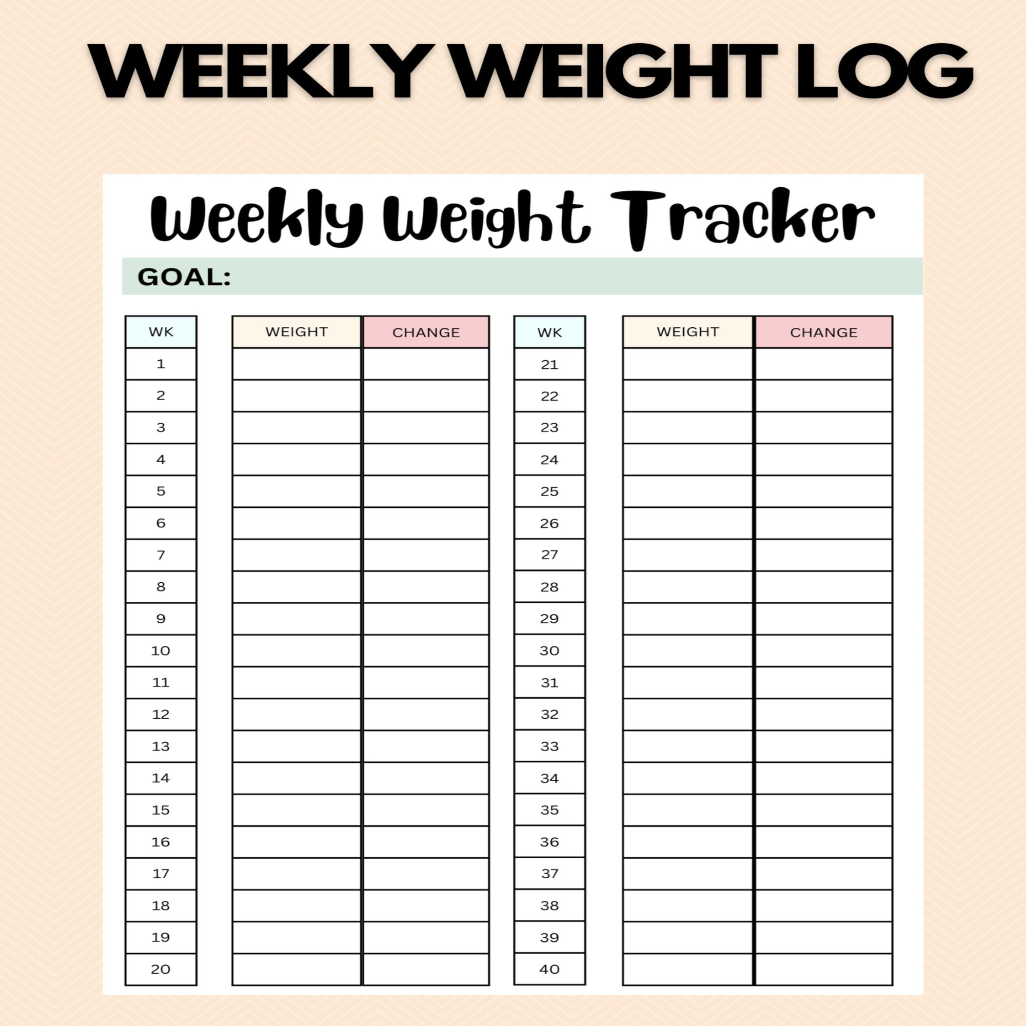 Weekly Weight Tracker 40 Week Weight Loss Weight Loss Chart Weight Loss ...