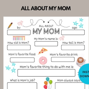 All About My Mom Survey Printable, Mother's Day Questionnaire, Mothers ...