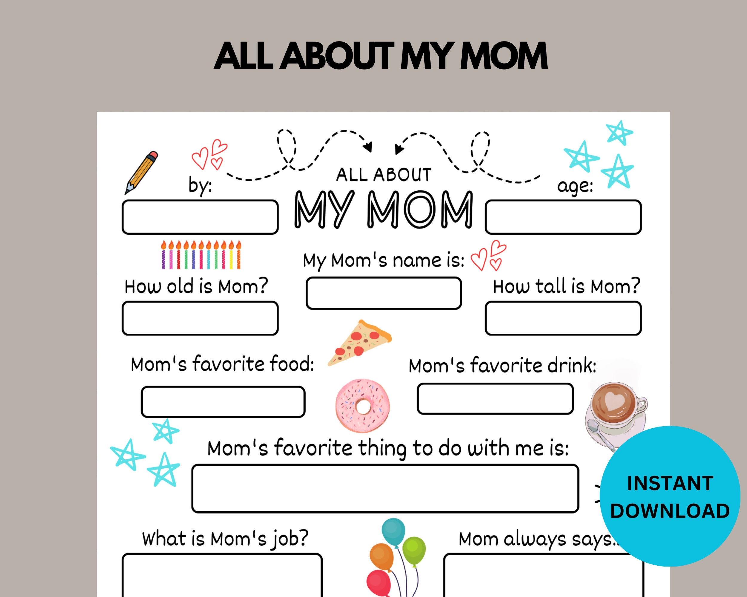 All About My Mom Survey Printable, Mother's Day Questionnaire, Mothers ...