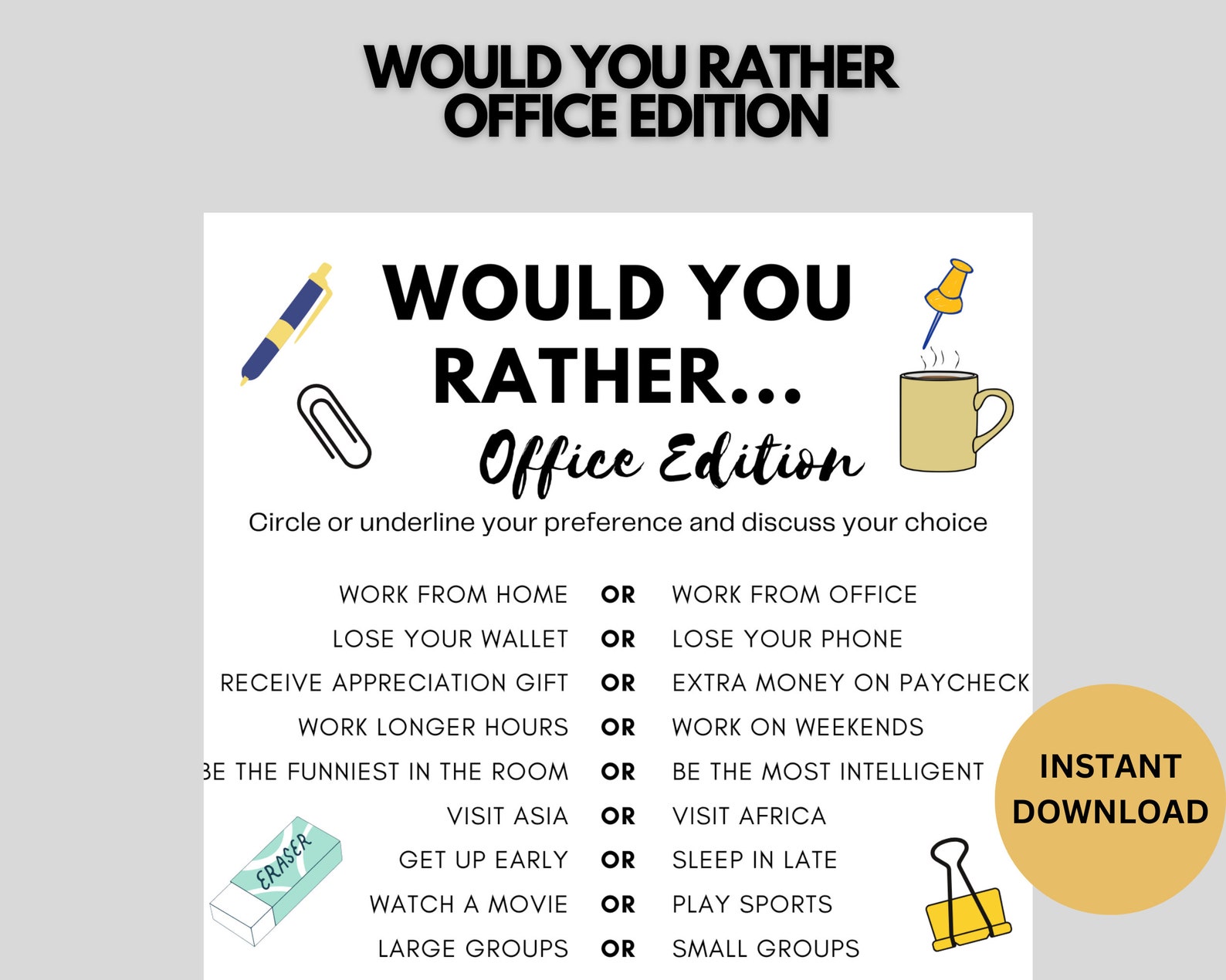 Would You Rather Game Printable: Office Edition | Office Icebreaker ...