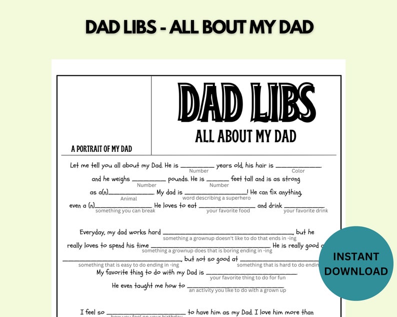 Printable All About My Dad Fill in the Blank Gift - Funny Father's Day ...