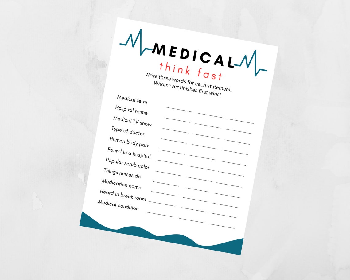 Medical Think Fast Game|printable Medical Game| Doctor Nurse Fun Game ...