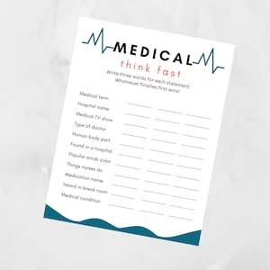 Medical Think Fast Game|printable Medical Game| Doctor Nurse Fun Game ...
