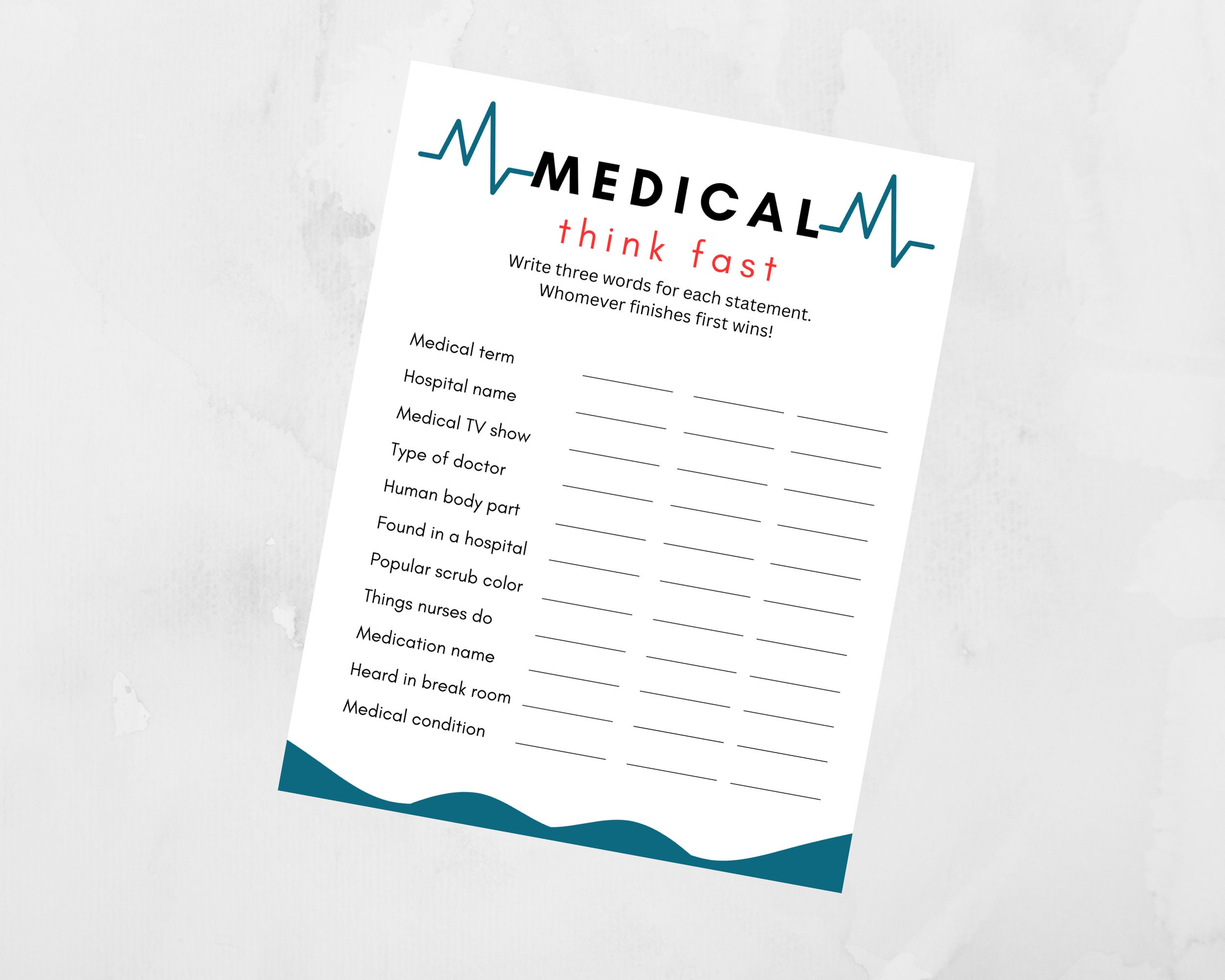 Medical Think Fast Game|printable Medical Game| Doctor Nurse Fun Game ...