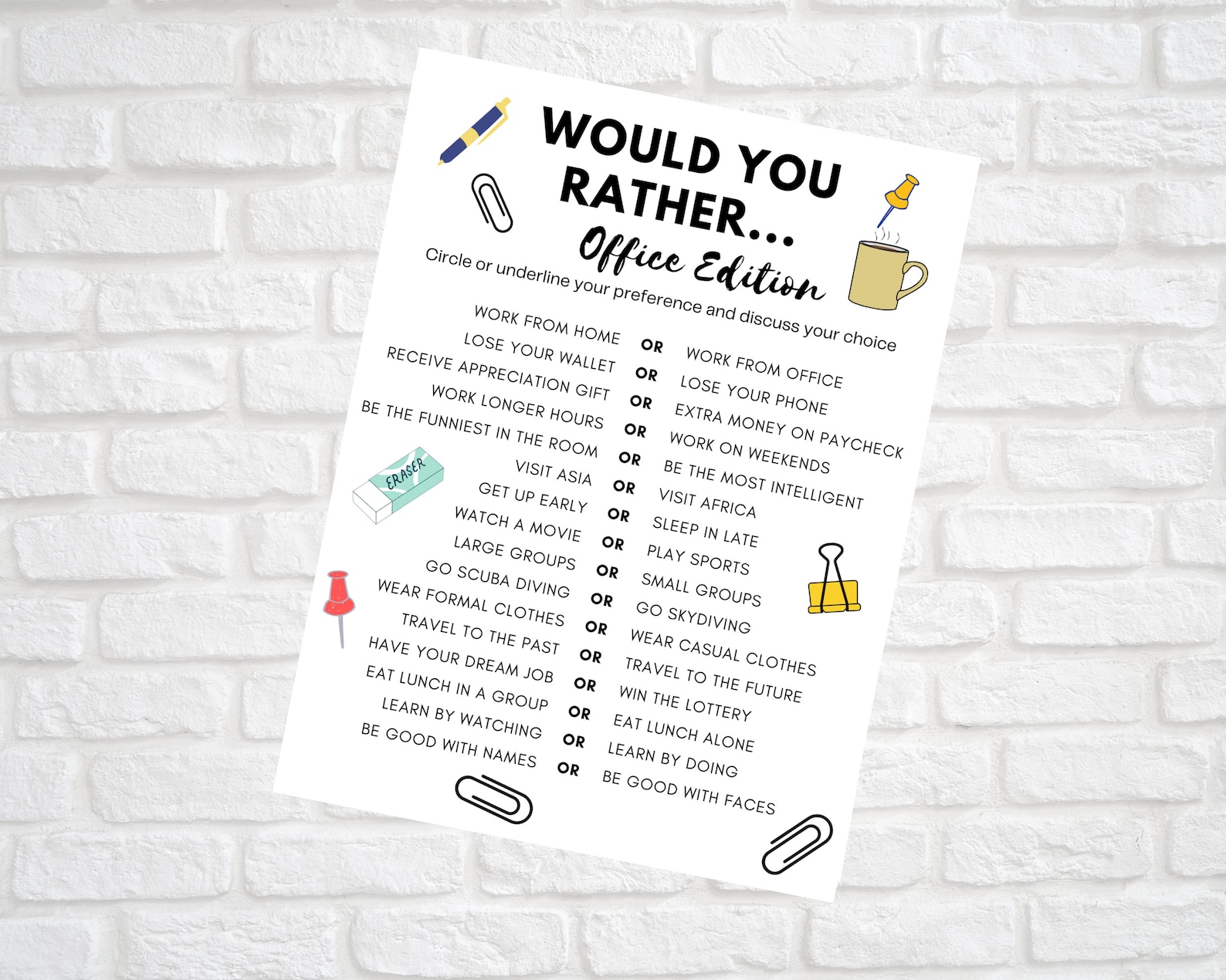 Would You Rather Game Printable: Office Edition | Office Icebreaker ...