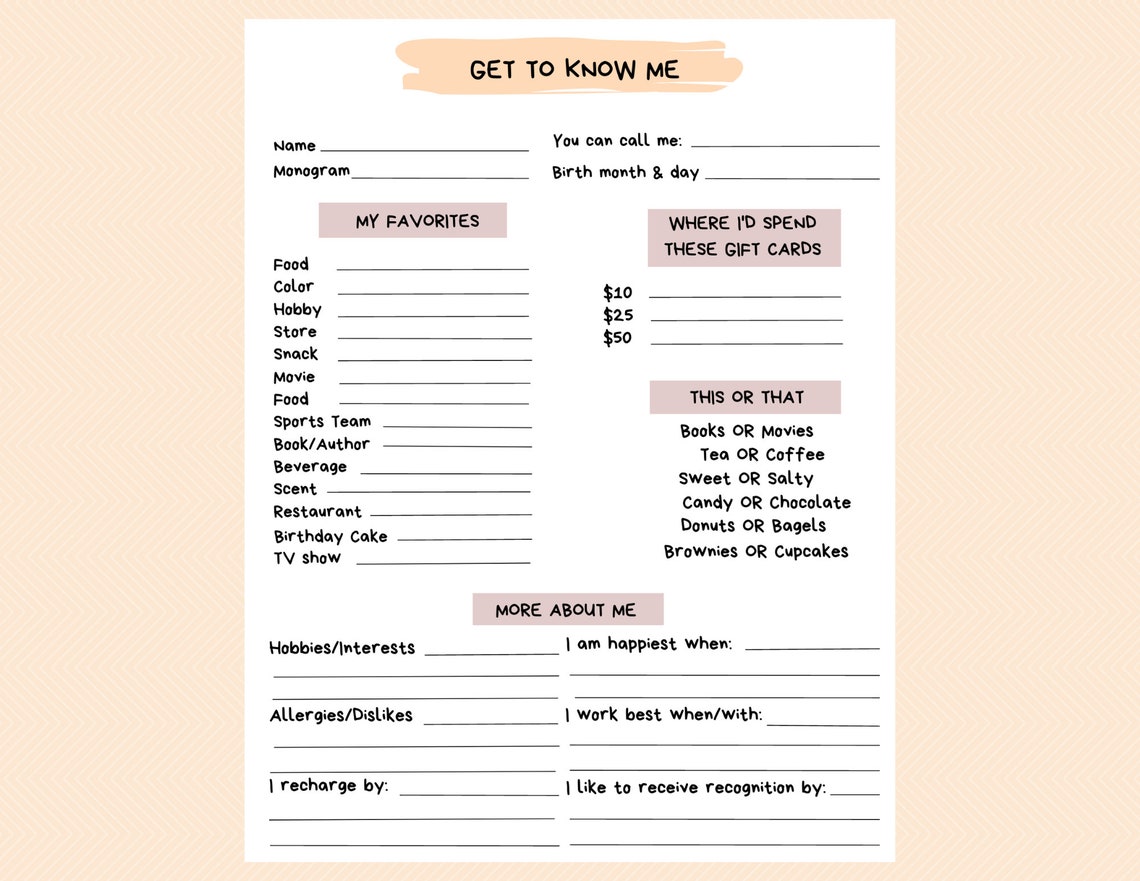 Coworker Questions Printable All About Me Employee - Etsy Canada