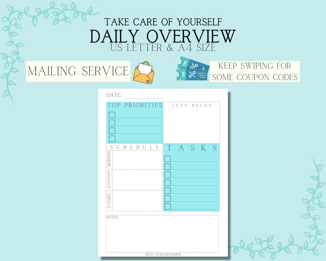 Printable US Letter and A4 Size Daily Schedule, To-do List, Self Care ...