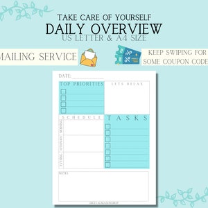 Printable US Letter and A4 Size Daily Schedule, To-do List, Self Care ...