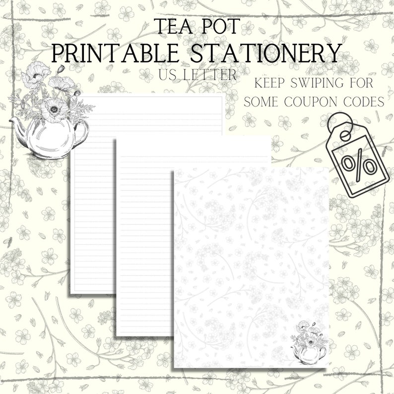 US Letter Printable Elegant Tea Pot Stationery, Printable Paper, Letter ...