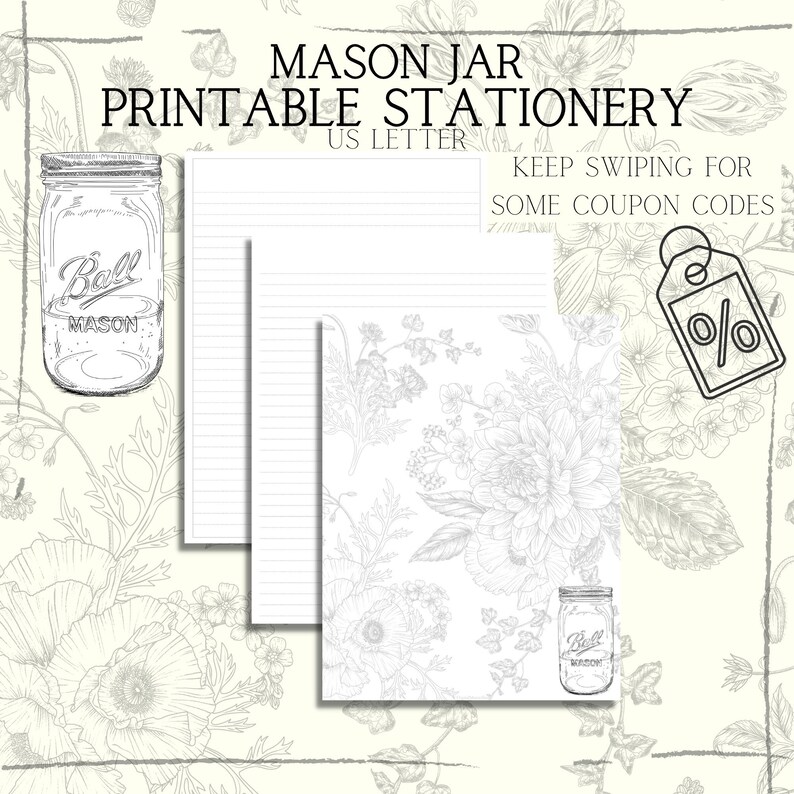 US Letter Printable Elegant Mason Jar Stationery, Printable Paper ...