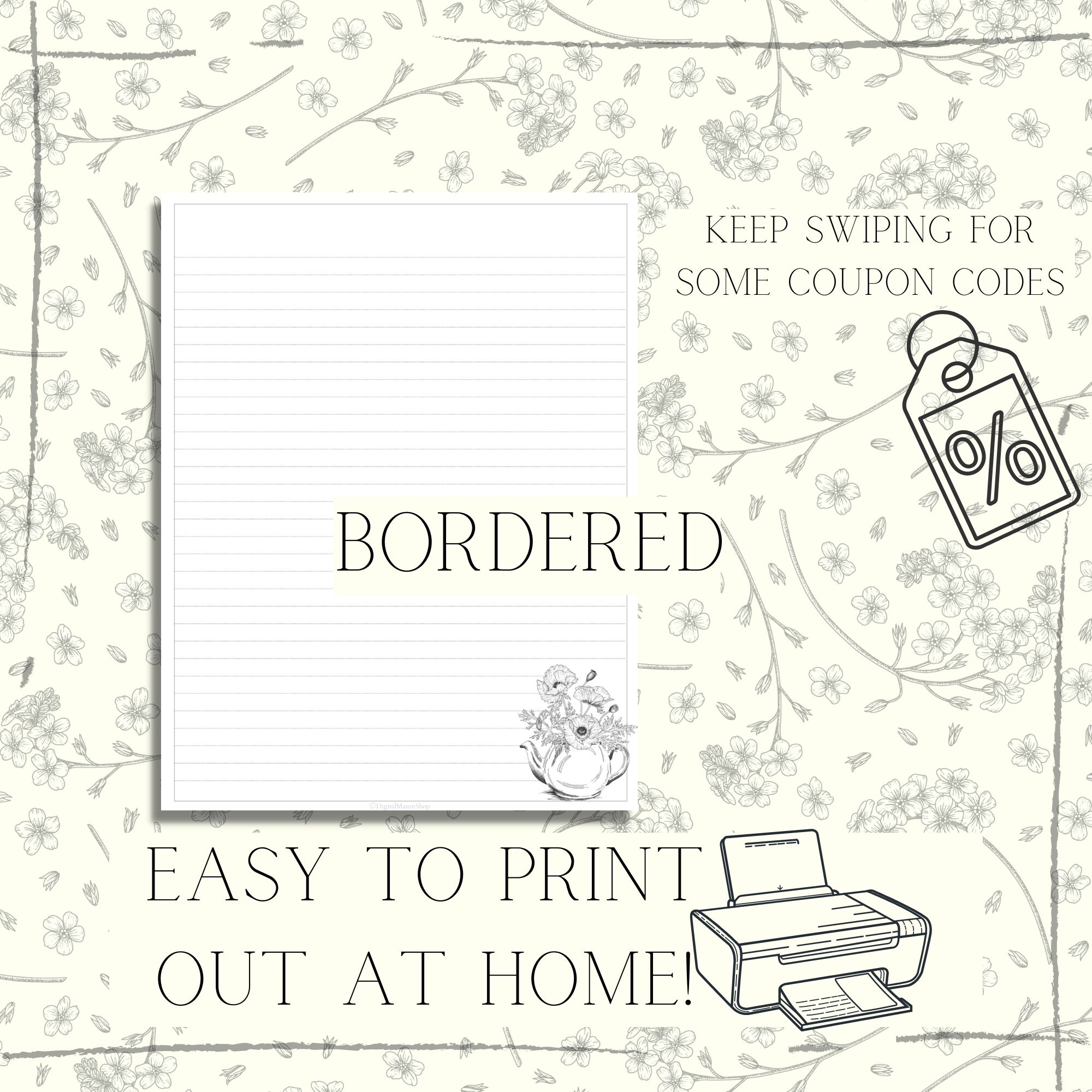 US Letter Printable Elegant Tea Pot Stationery, Printable Paper, Letter ...