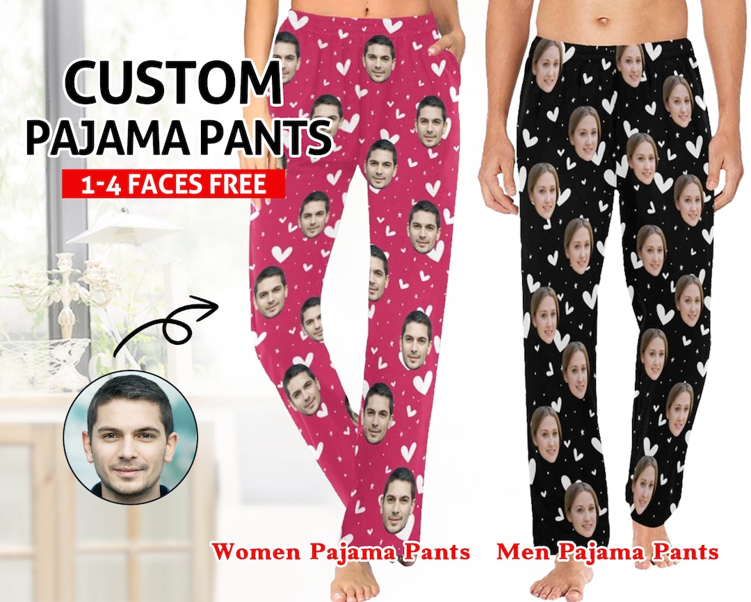 Custom Face Pajama Pants, Face on Pajama Pants, Funny Love Heart Pajama ...