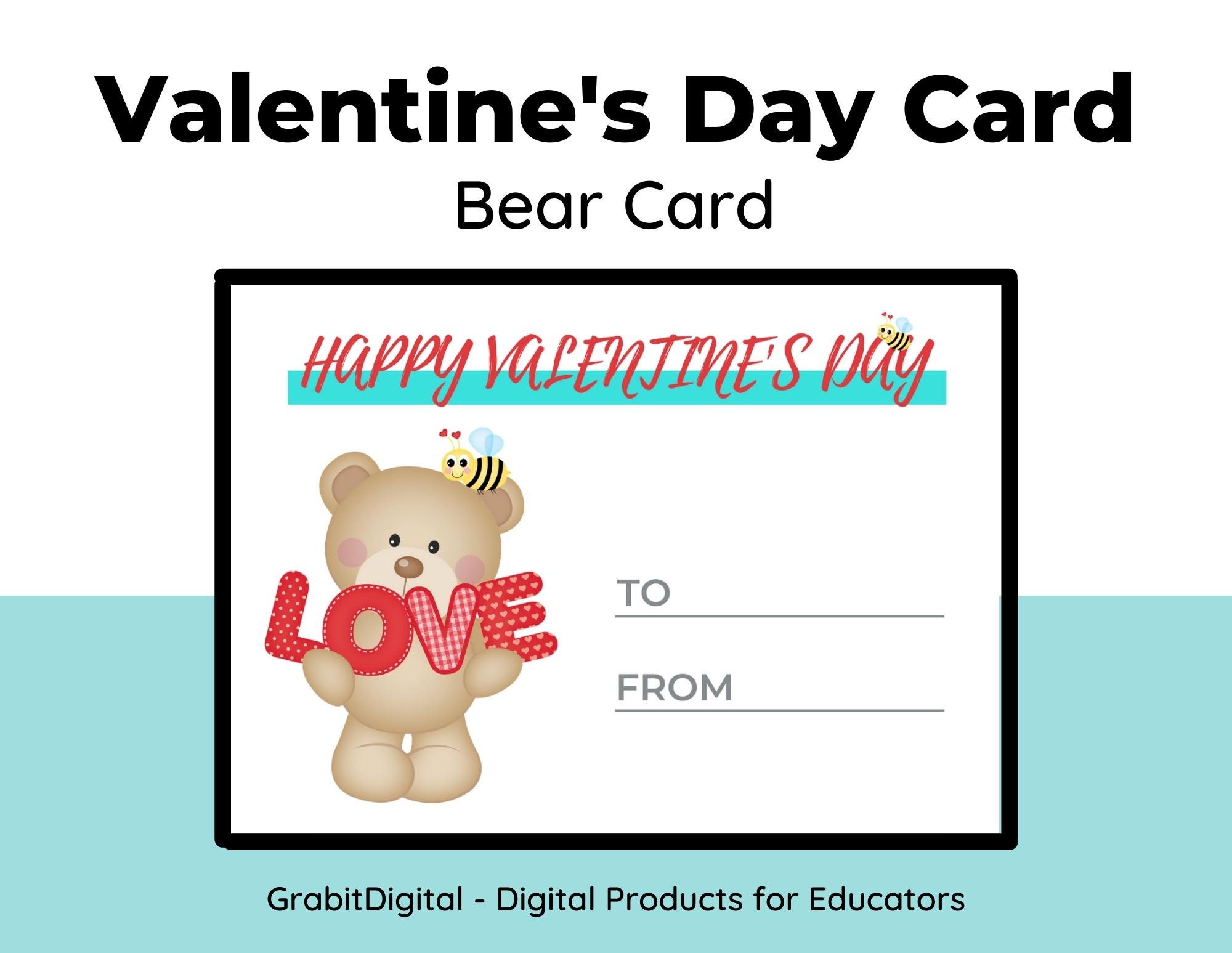Holiday & Seasonal Cards Valentine Teddy Bear Cards for Kids DIGITAL ...