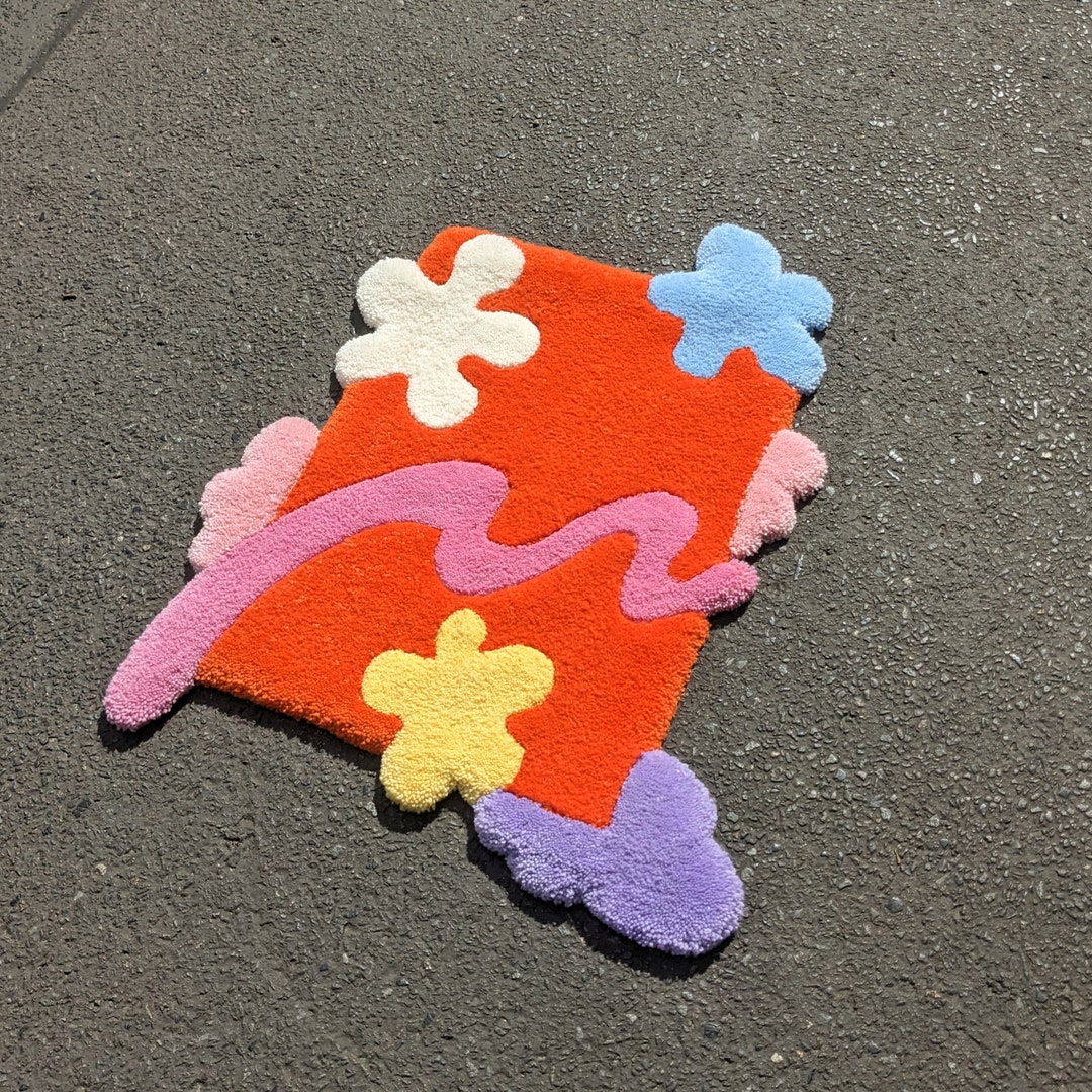 Handmade Rug Carpet Tuftinggun Cutpile Colourful Lilac Orange Flower ...