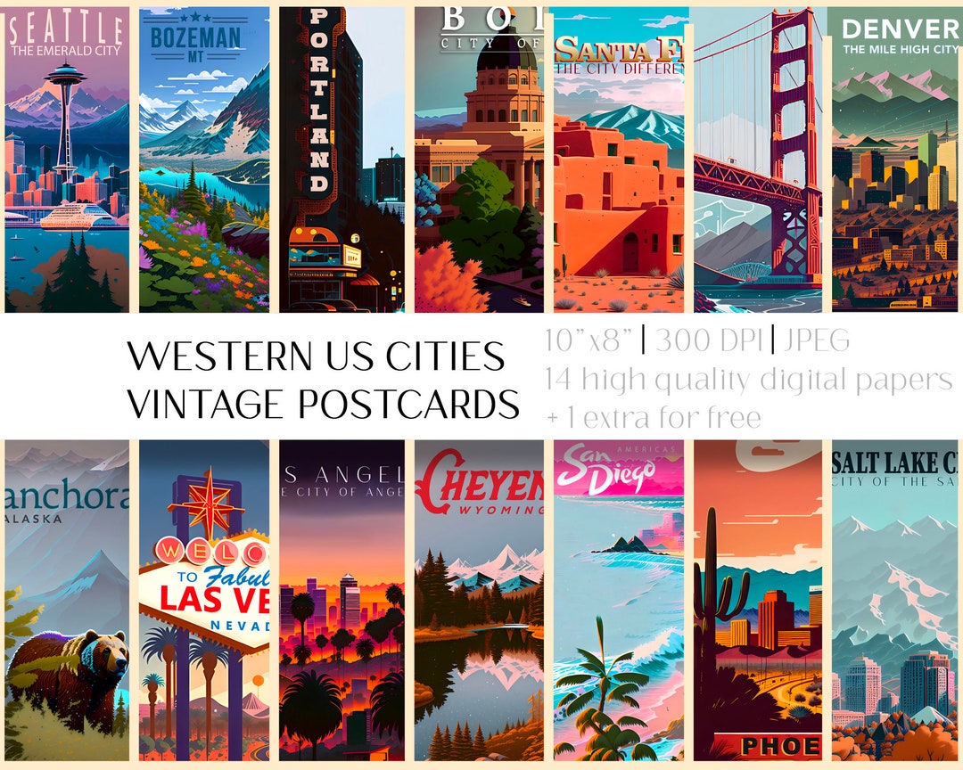 Vintage Western USA Postcards Digital Paper - City Travel Art (digital ...