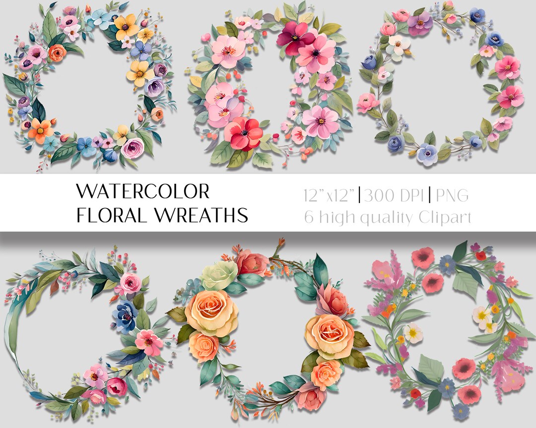 Watercolor Floral Wreath Clipart - Set of 6 Vector, PNG Files - Etsy