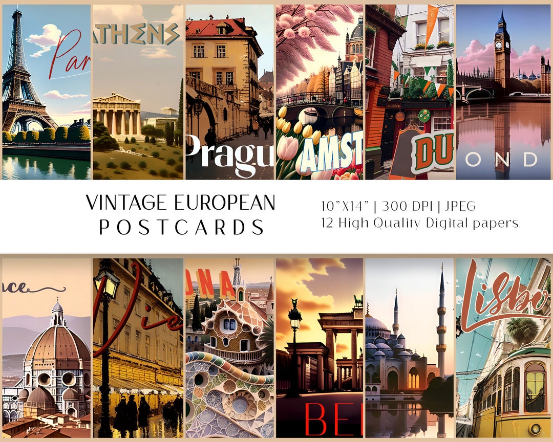 Vintage European Postcards Digital Print - 10"x14", 300 DPI, Set of 12 ...