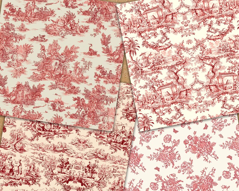 Red Toile De Jouy Digital Paper, Vintage Scrapbook (digital Download ...