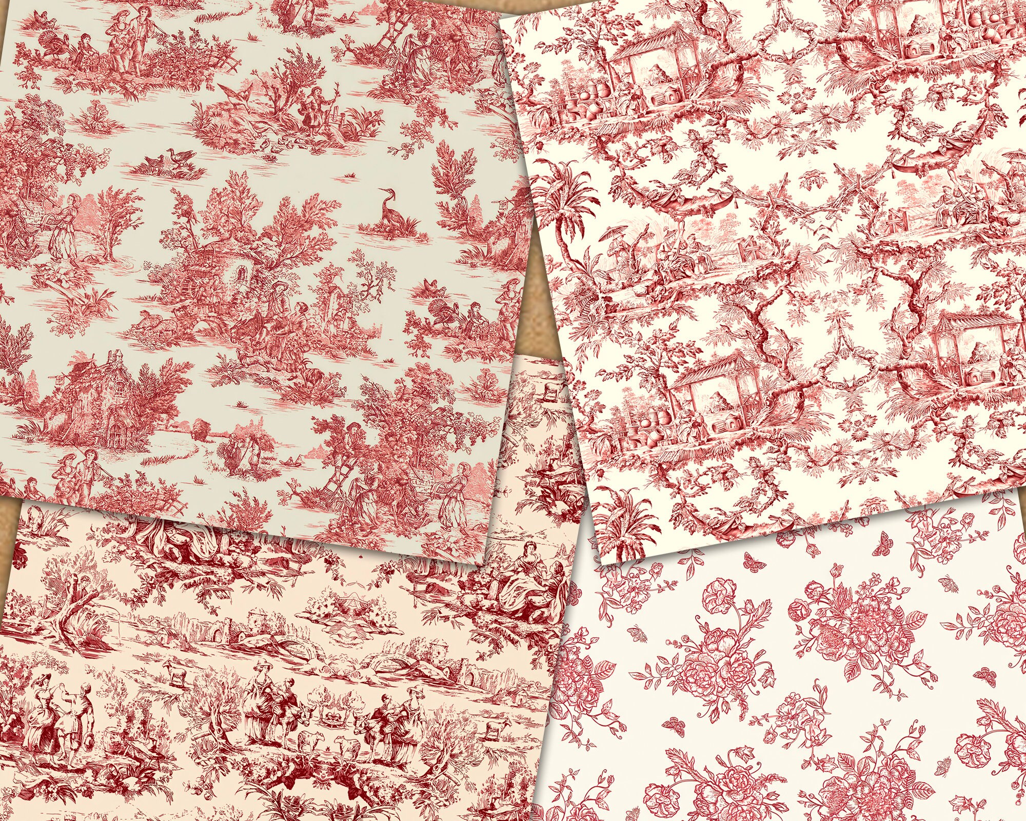 Red Toile De Jouy Digital Paper, Vintage Scrapbook (digital Download ...