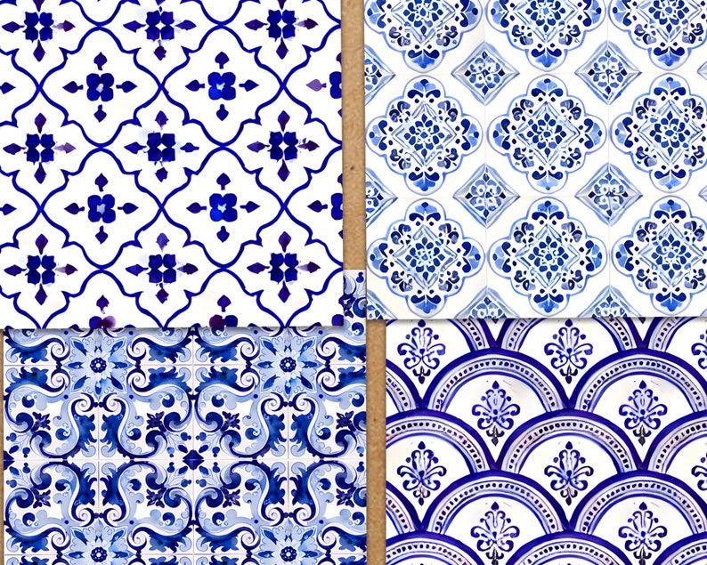 Hand Painted Blue and White Tile, Seamless, 300 DPI, 12"x12", Instant ...