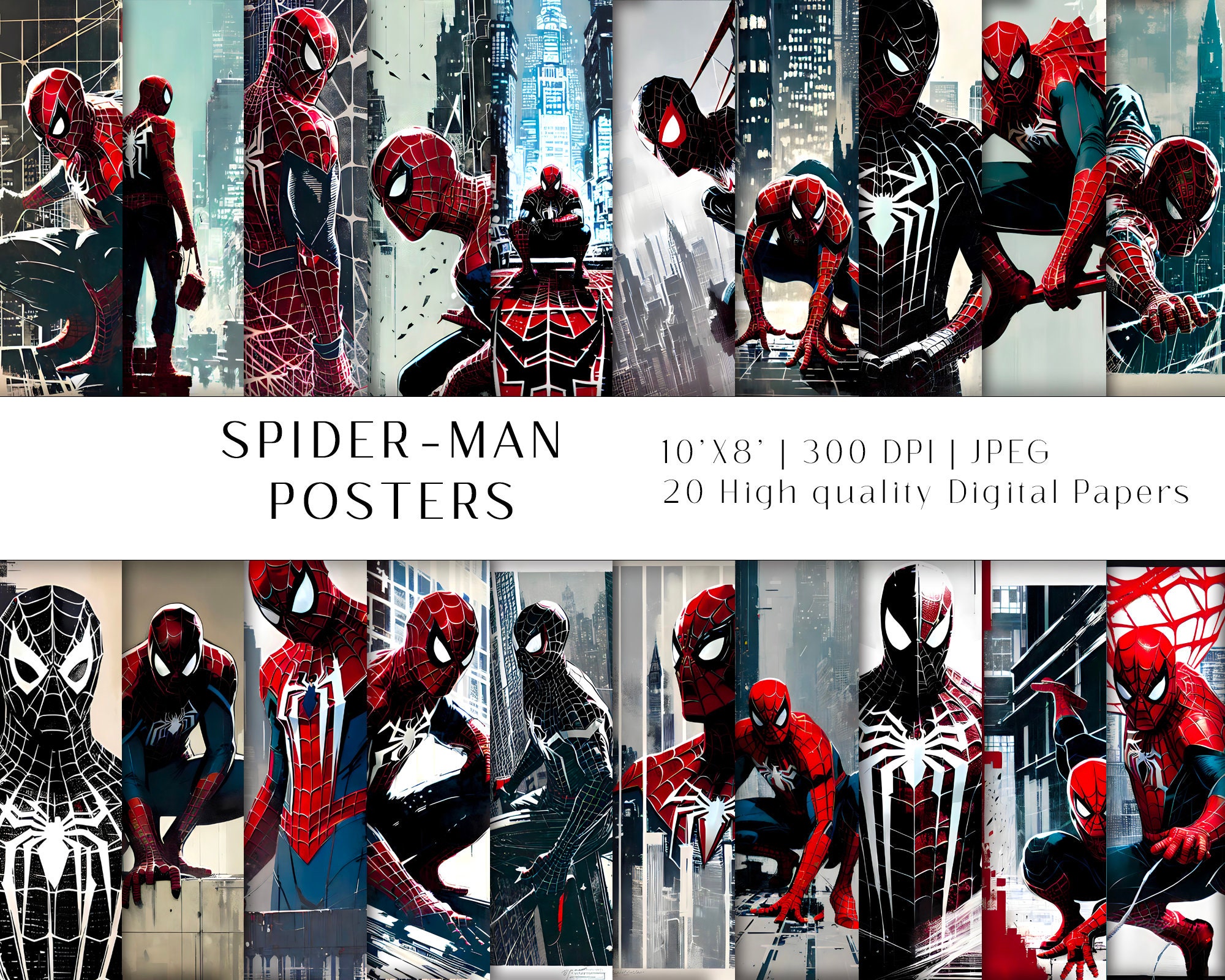 Spiderman Digital Posters Postcards Digital Paper 11x8, 300 DPI, Set of ...