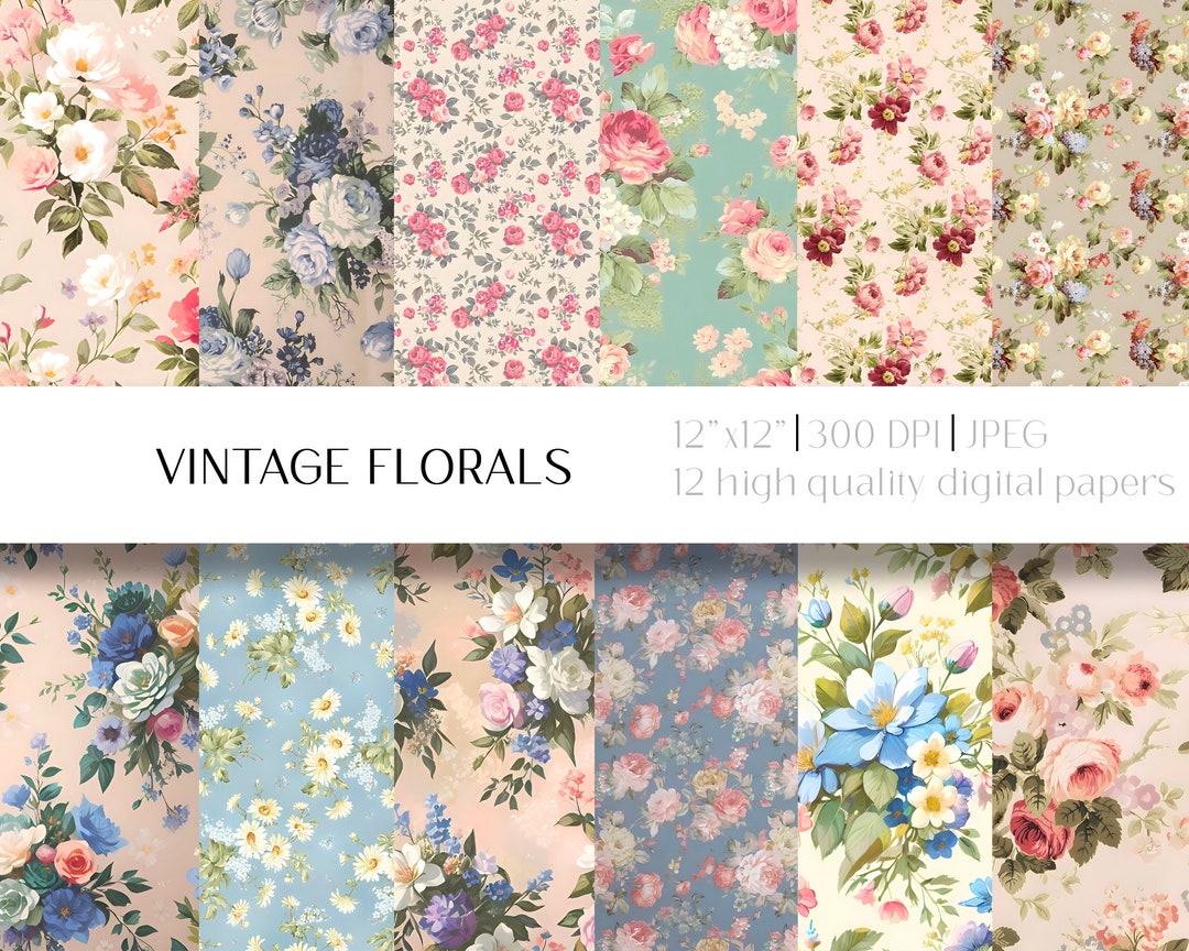 Vintage Florals Digital Paper - 300 DPI, 12"x12", Instant Download for ...