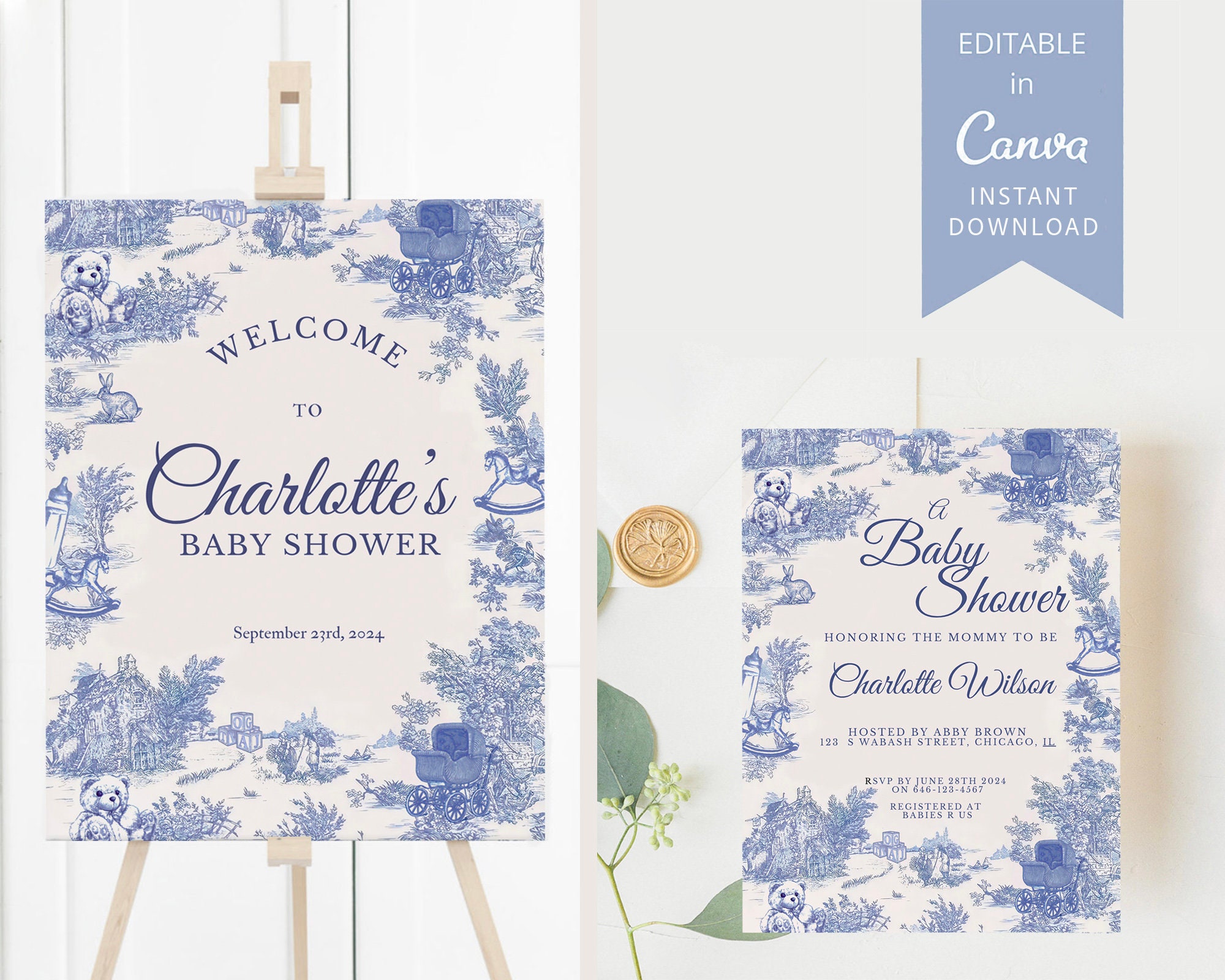 Toile De Jouy ,baby Shower Printable Invite and Sign, Toile De Jouy ...