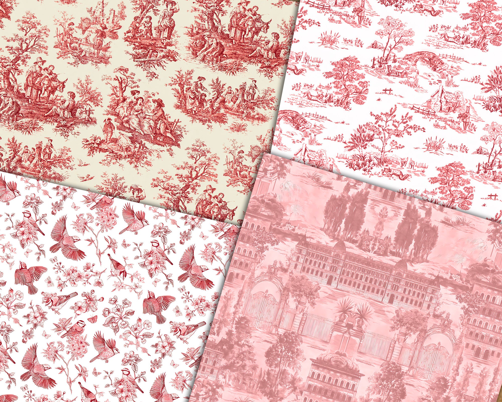 Red Toile De Jouy Digital Paper, Vintage Scrapbook (digital Download ...