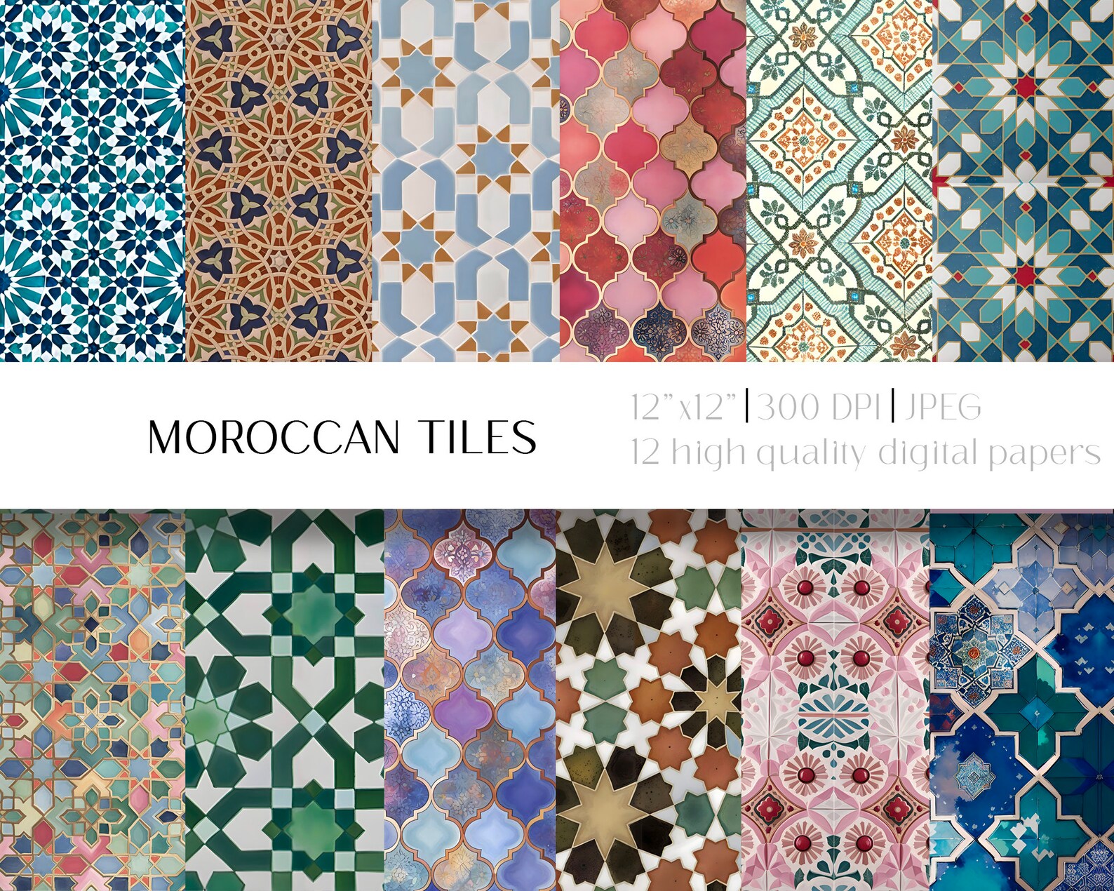 Moroccan Tile Digital Paper Designs, 300 DPI, 12"x12", Instant Download ...