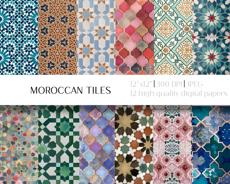 Moroccan Tile Digital Paper Designs, 300 DPI, 12"x12", Instant Download ...