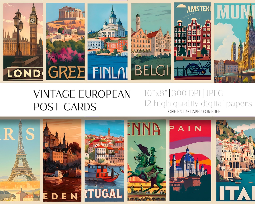 Vintage European Postcards Digital Paper - 10"x8", 300 DPI, Set of 12 ...