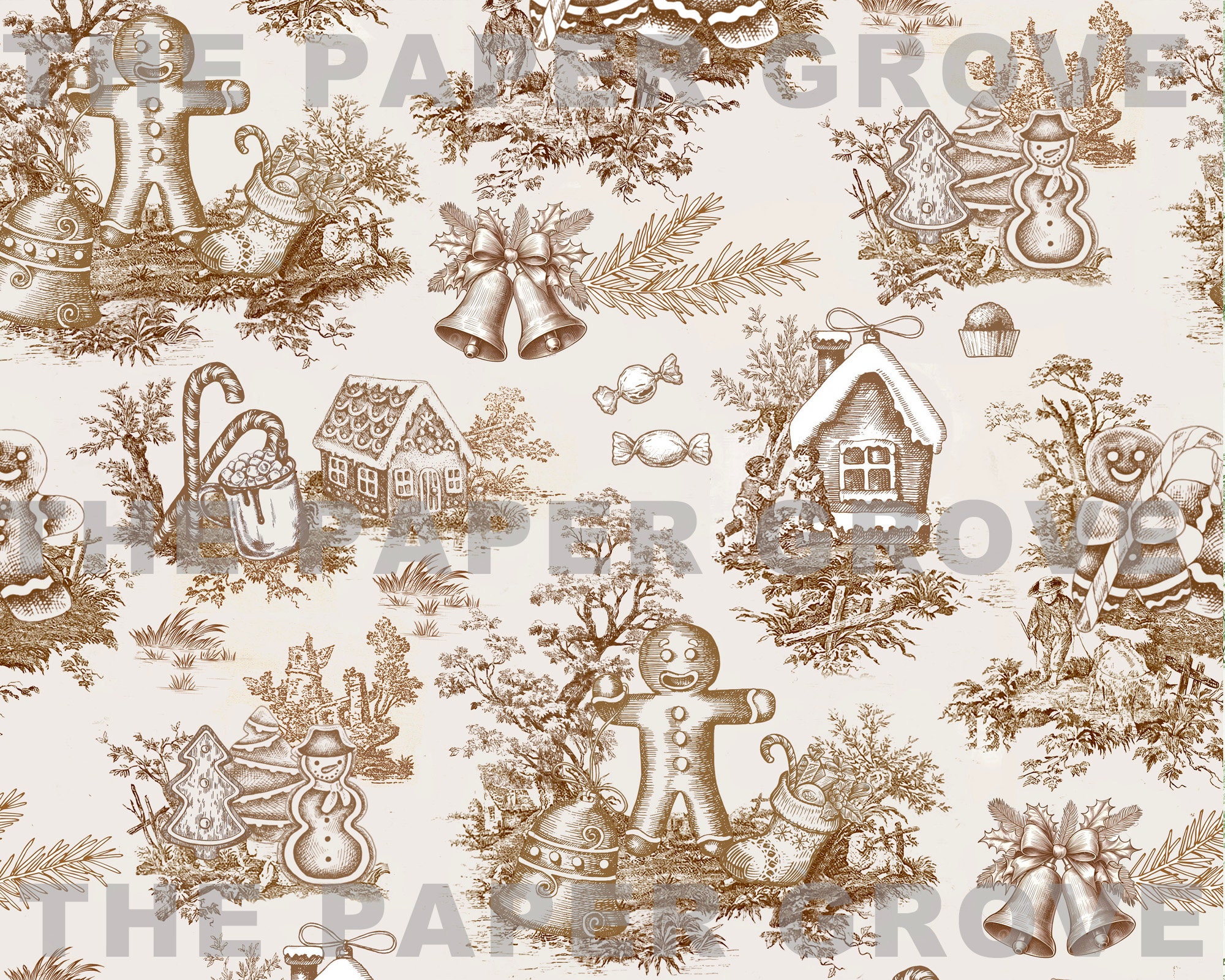 Christmas Toile De Jouy Digital Paper, Santa, Snowman (PDF, JPG) - Etsy