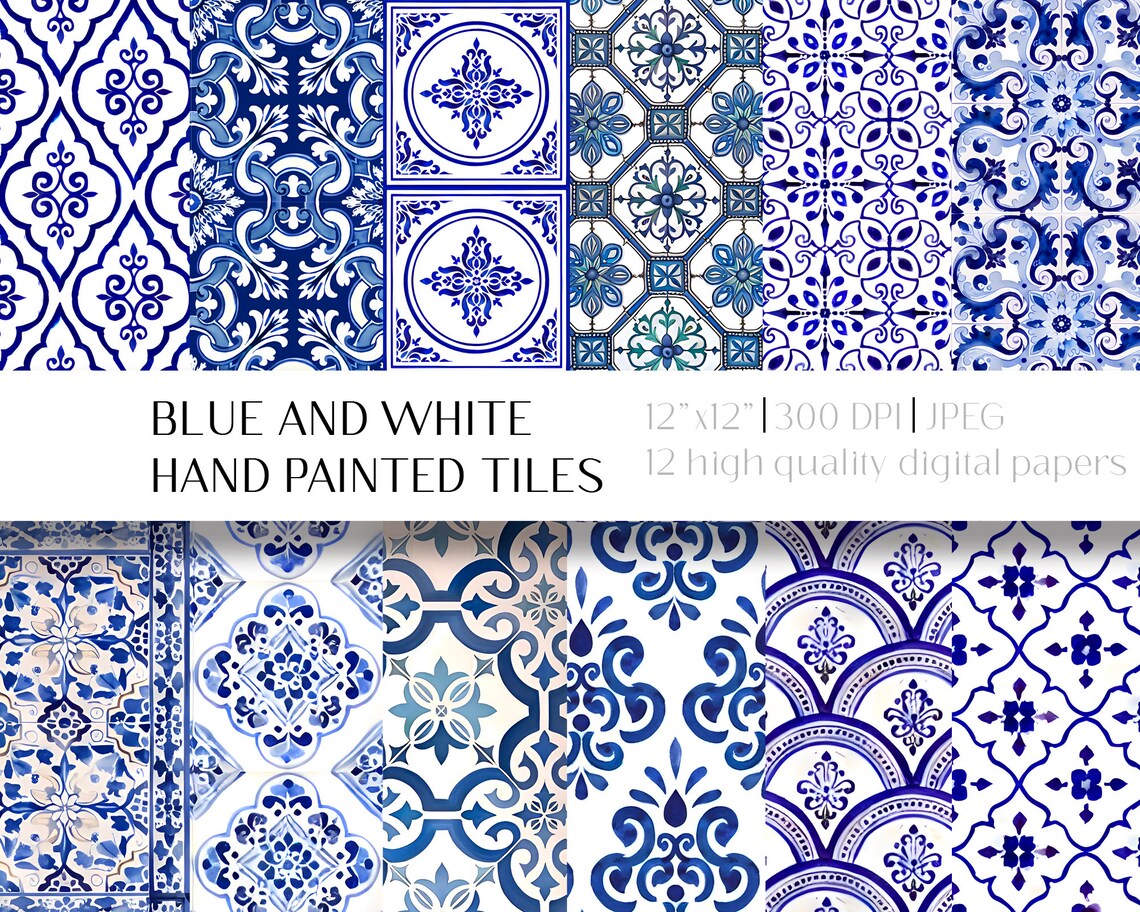 Hand Painted Blue and White Tile, Seamless, 300 DPI, 12"x12", Instant ...