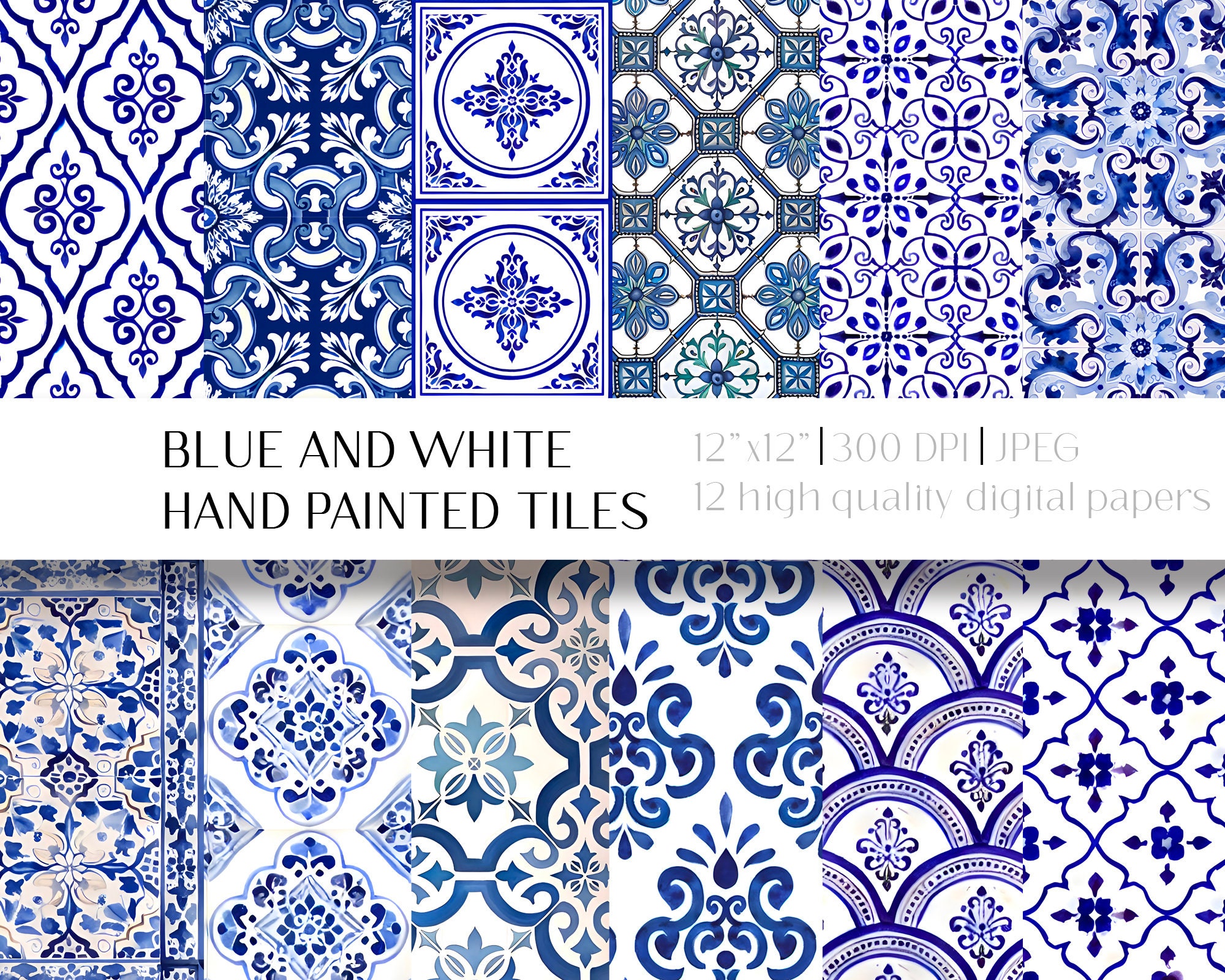 Hand Painted Blue and White Tile, Seamless, 300 DPI, 12"x12", Instant Download for Commercial ...