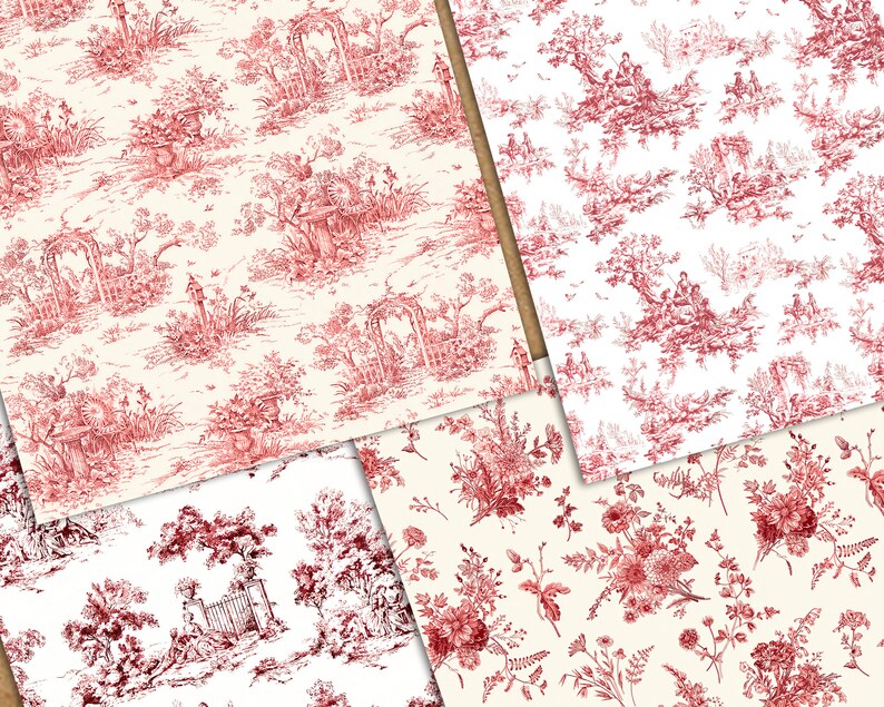 Red Toile De Jouy Digital Paper, Vintage Scrapbook (digital Download ...