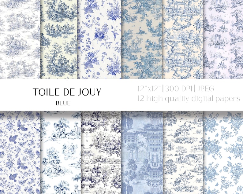 Toile Digital Paper, Toile De Jouy Digital Paper, Blue and White ...